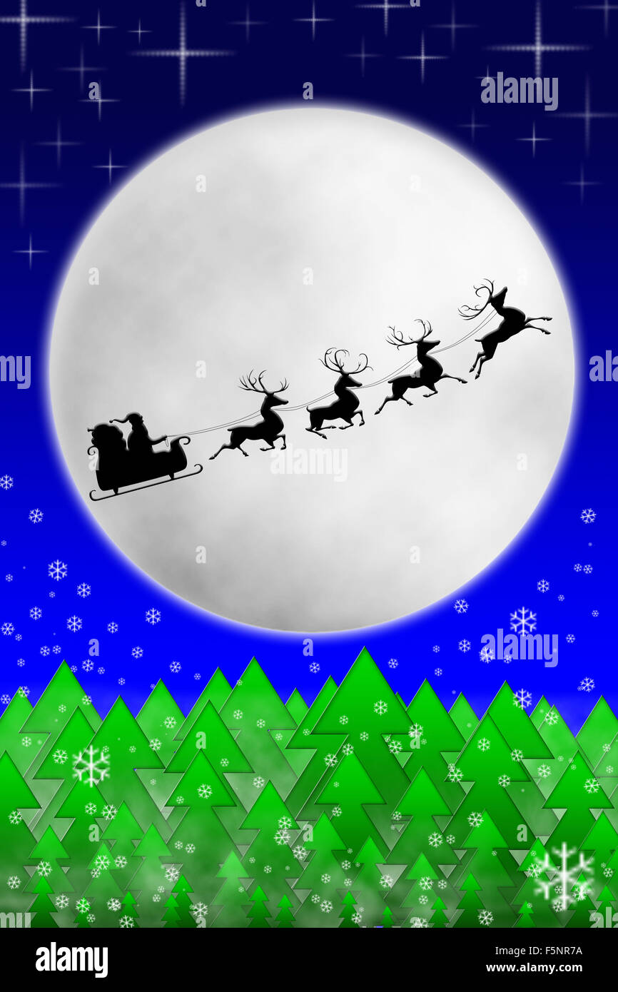 Christmas night. Santa and his reindeers riding against moon Stock ...
