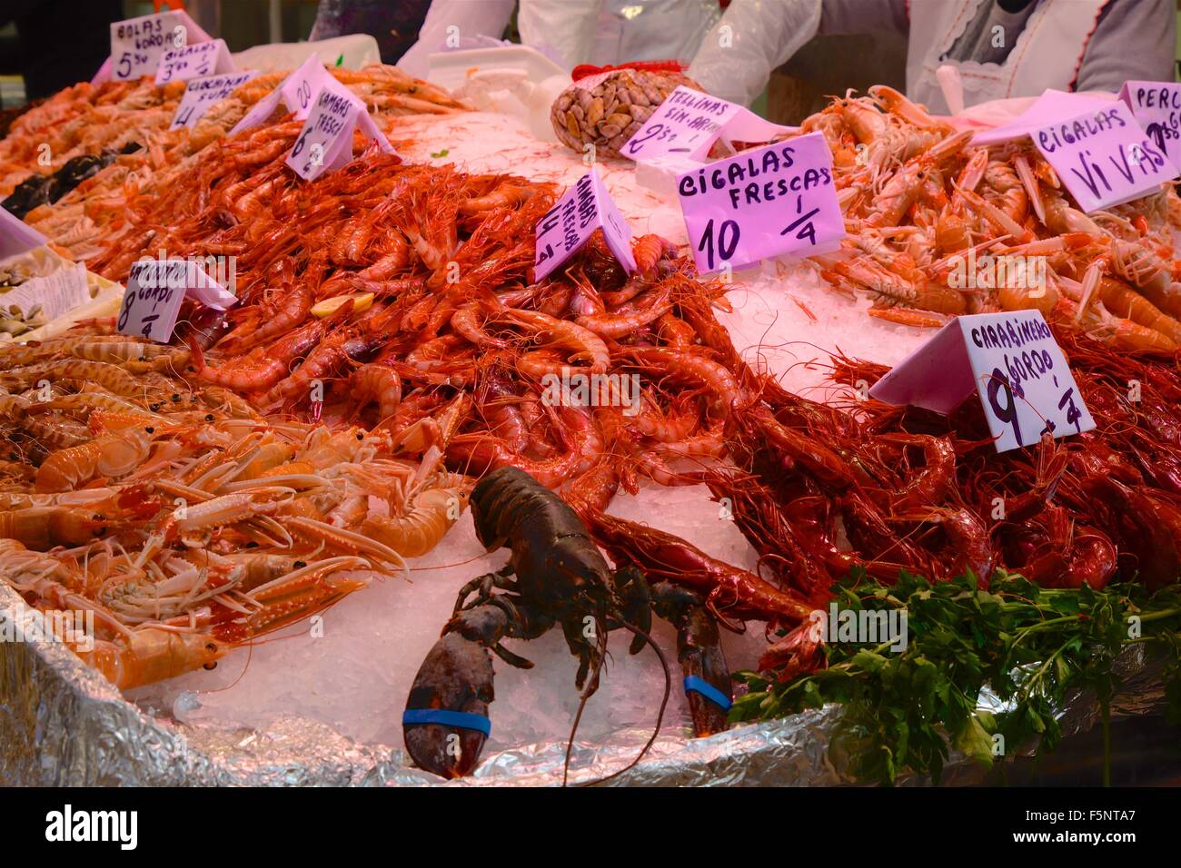 Central Market building in Valencia, Spain. Shell fish counter Stock ...