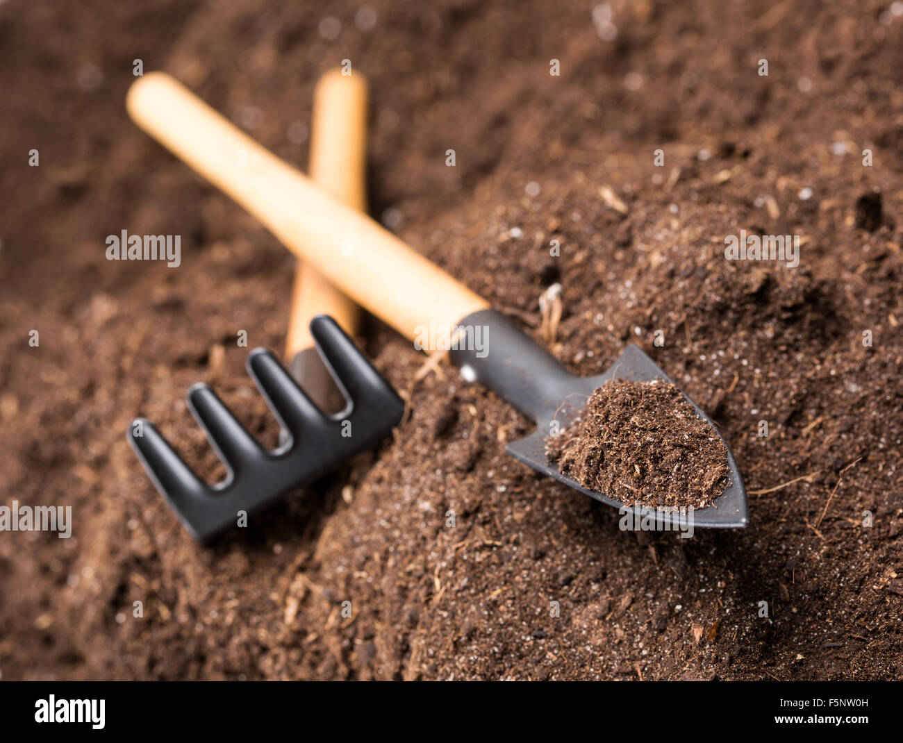 Rake and shovel on soil with copy space Stock Photo - Alamy