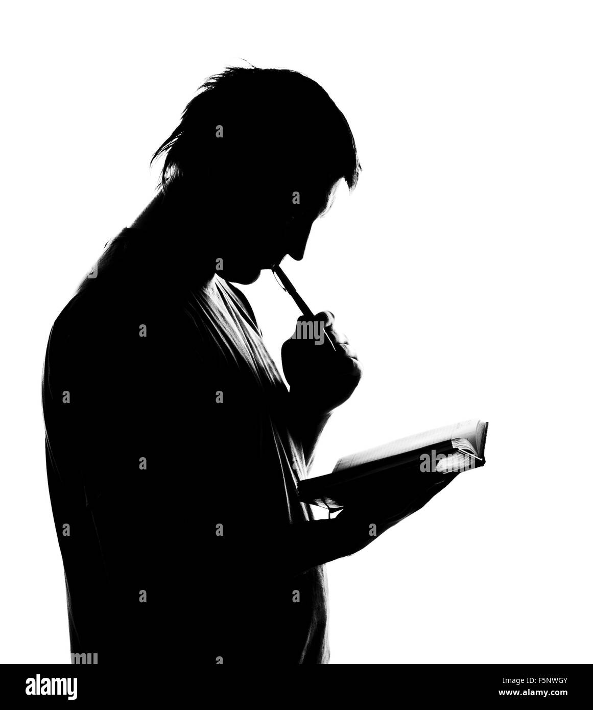 Silhouette of man writing business diary. Isolated on white Stock Photo ...