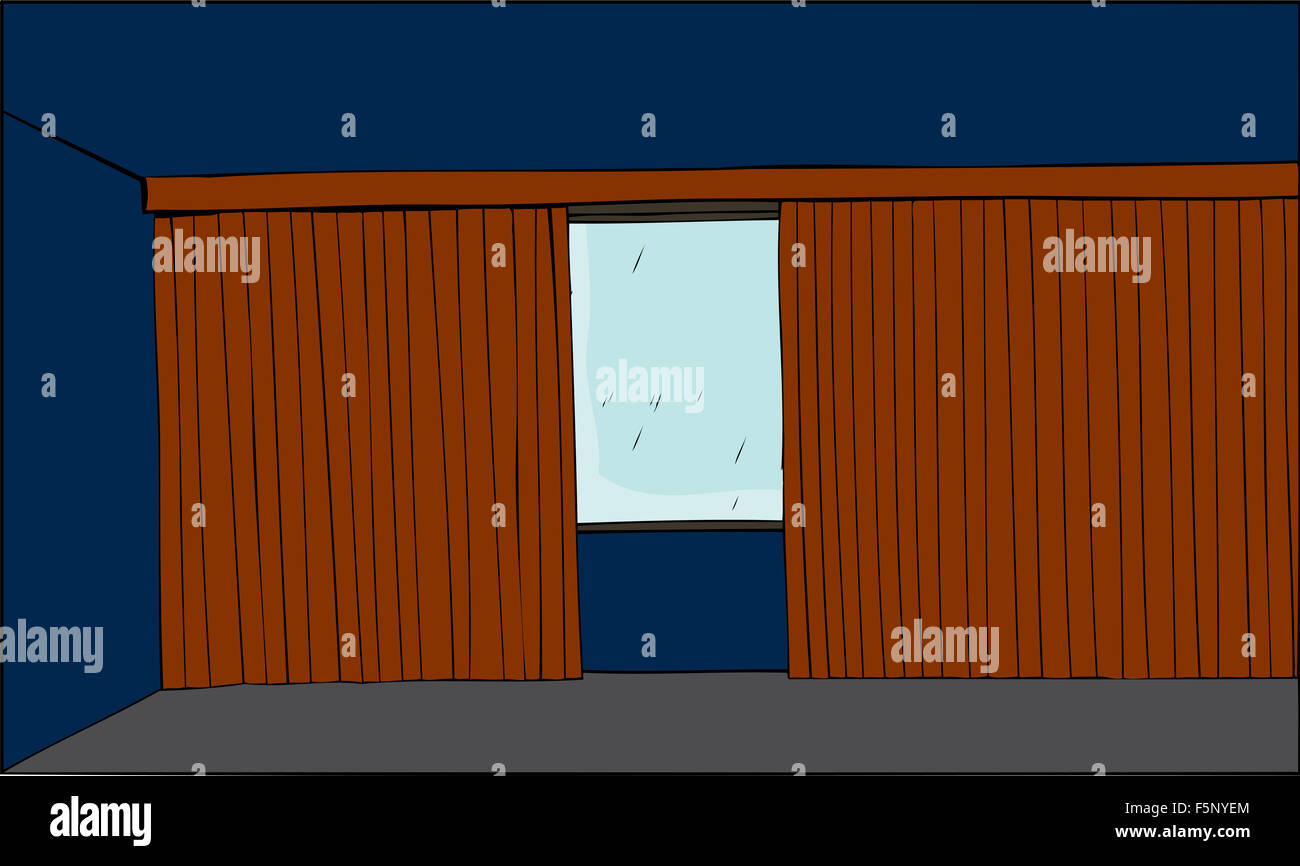 Background of room rain outside window with half open vertical blinds ...