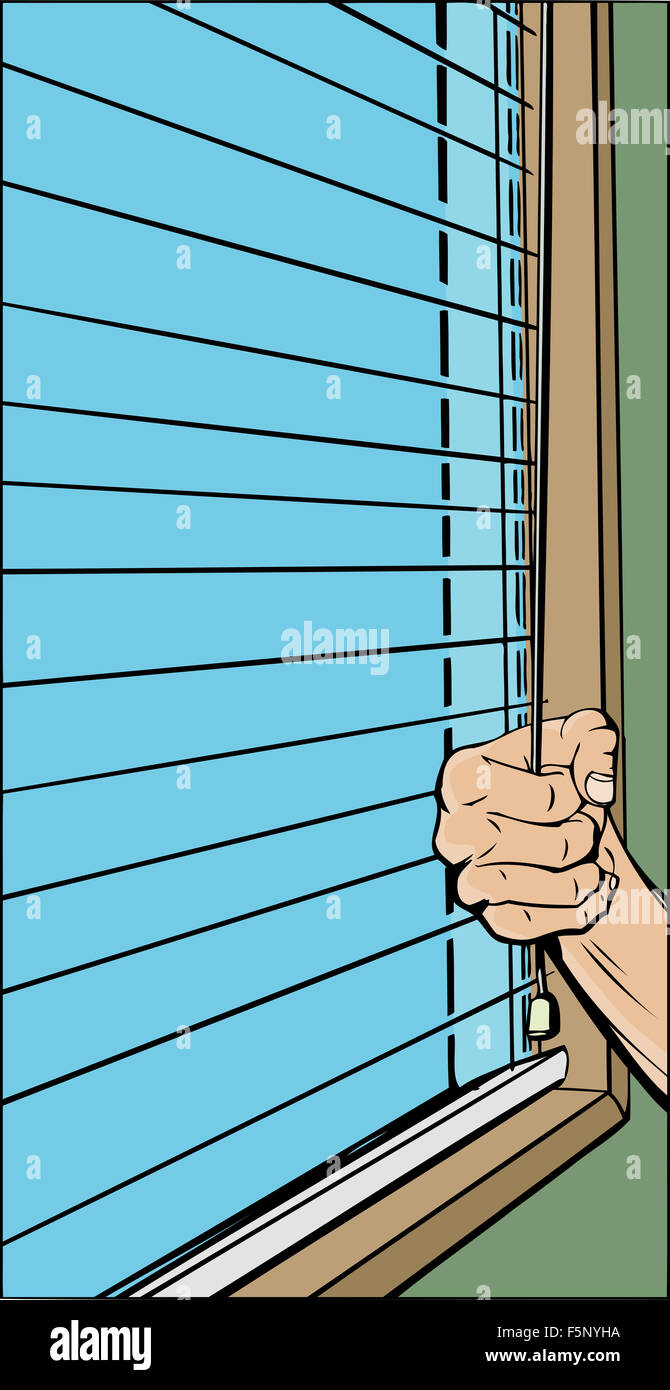 Cartoon of hand opening blinds over window Stock Photo - Alamy
