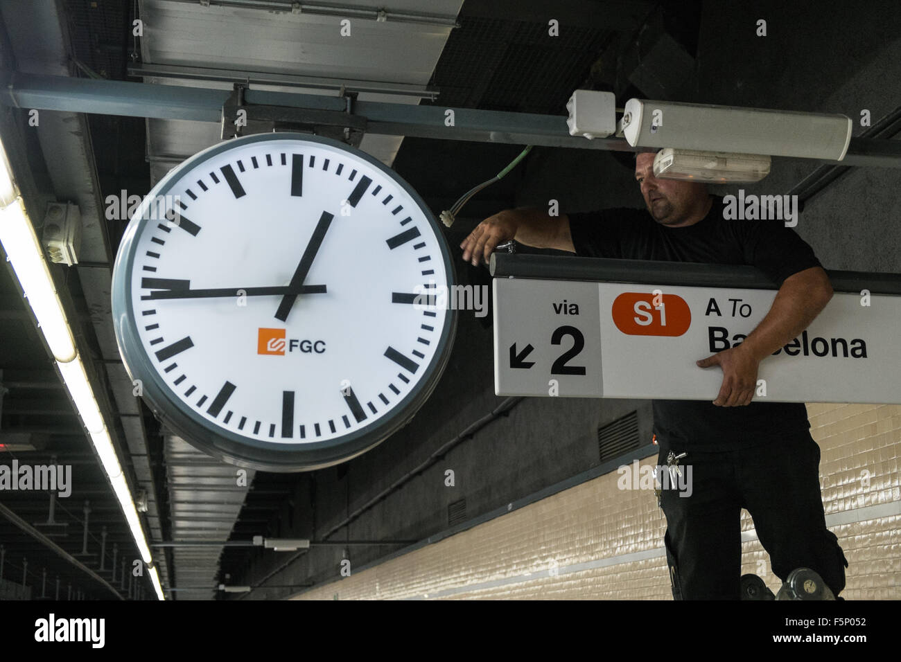 S1 Metro subway trainline at Terrassa Metro station heading towards ...
