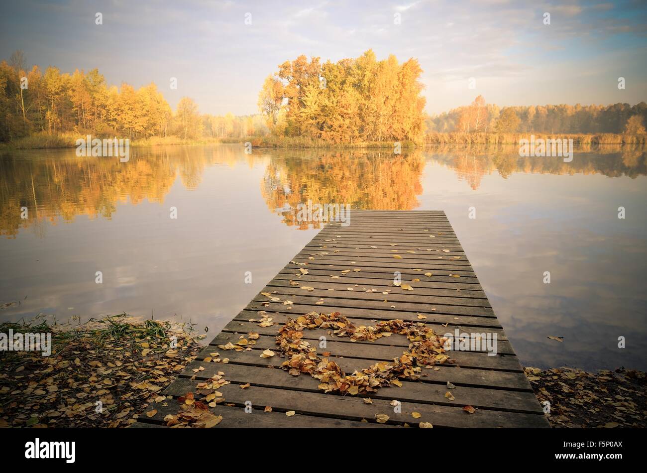Autumn morning landscape. Heart of the leaves on the boards pier on the ...