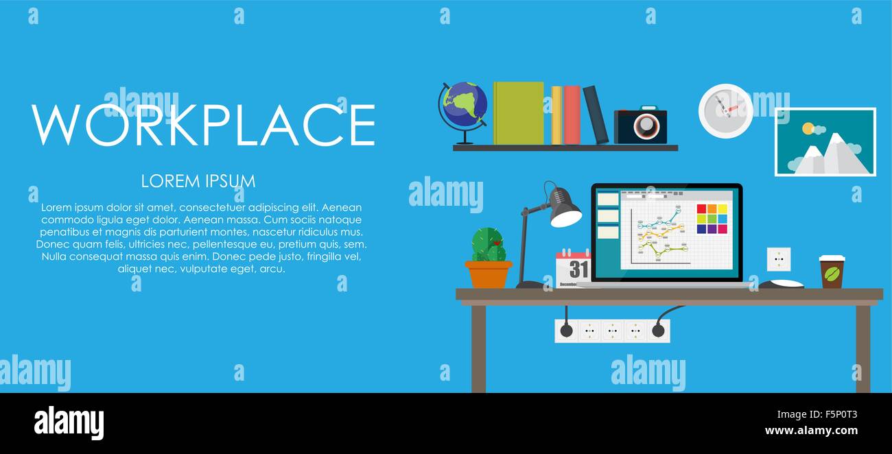 Workplace. Vector illustration. Flat computing background Stock Vector ...