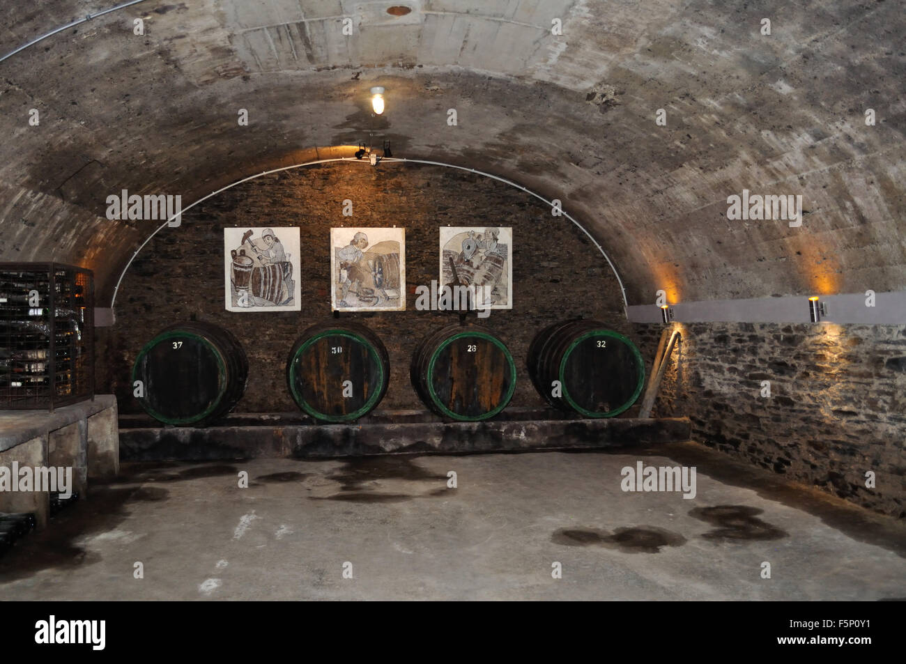 Barrels of wine stored in the cellars of a German winery Stock Photo ...