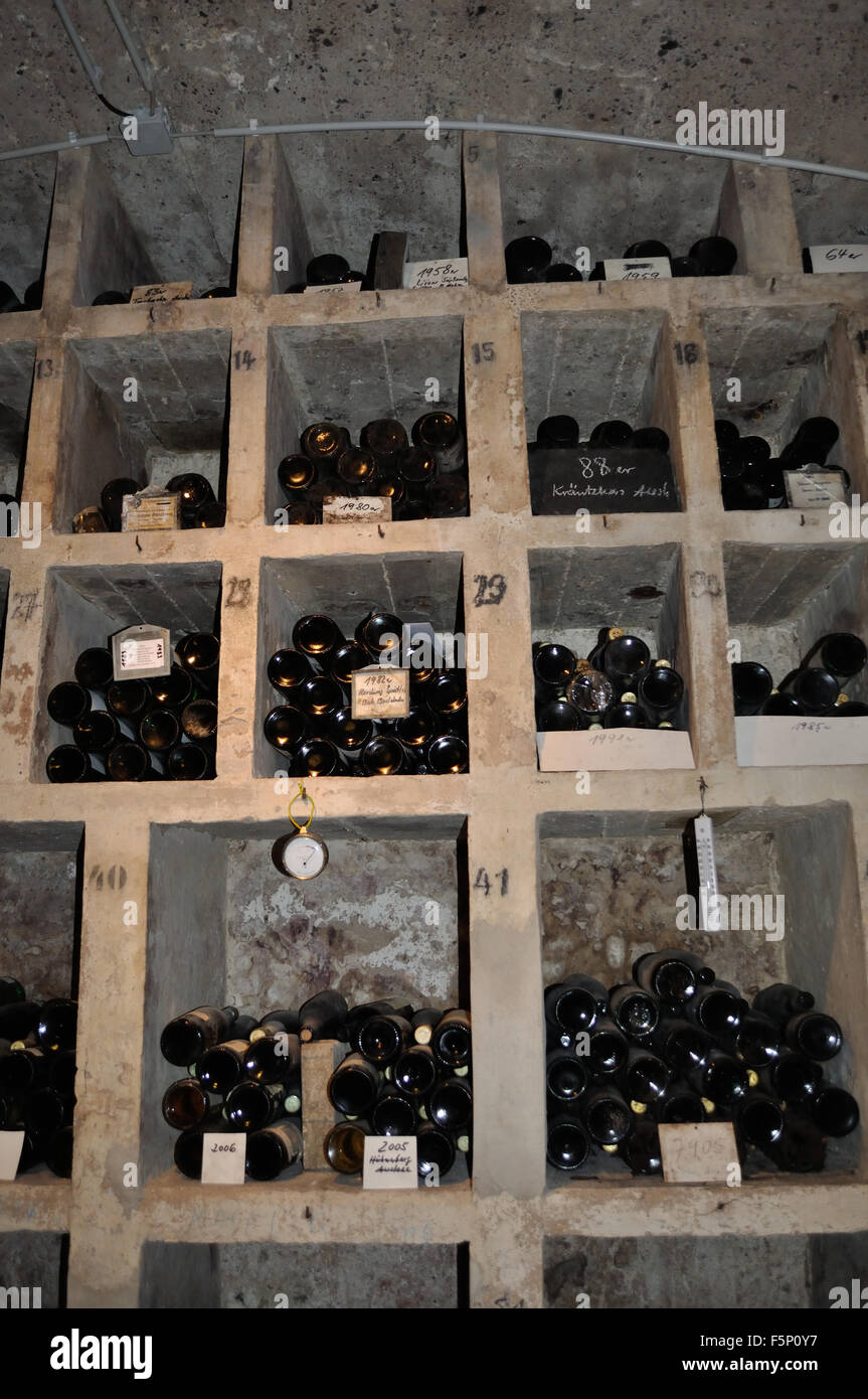 Bottles of wine stored in the cellars of a German winery Stock Photo ...