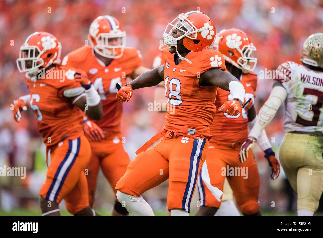 Clemson safety Jadar Johnson (18) celebrates a big hit during the NCAA ...