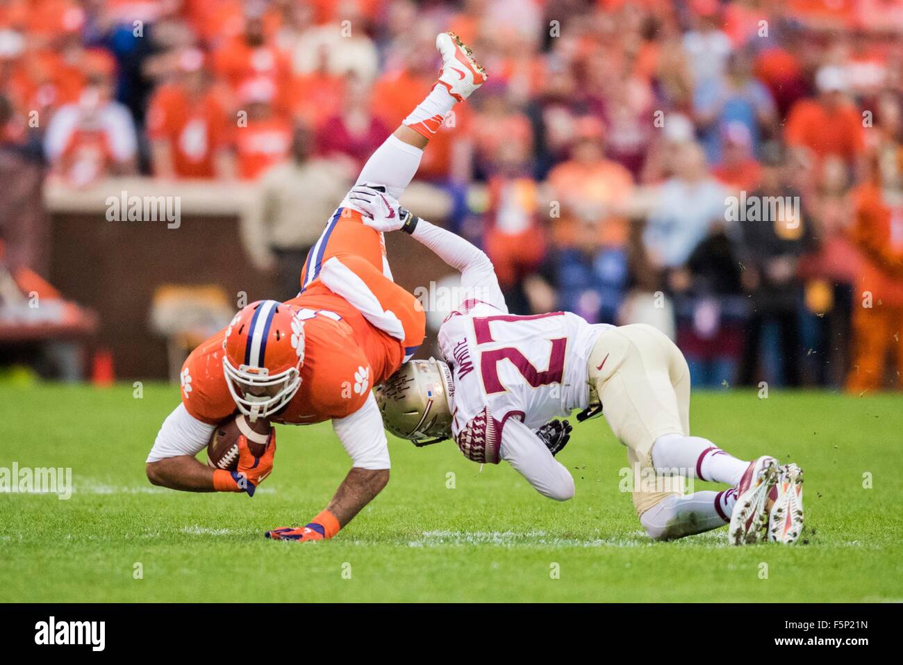 Clemson tight end Jordan Leggett (16) tackled by Florida State ...