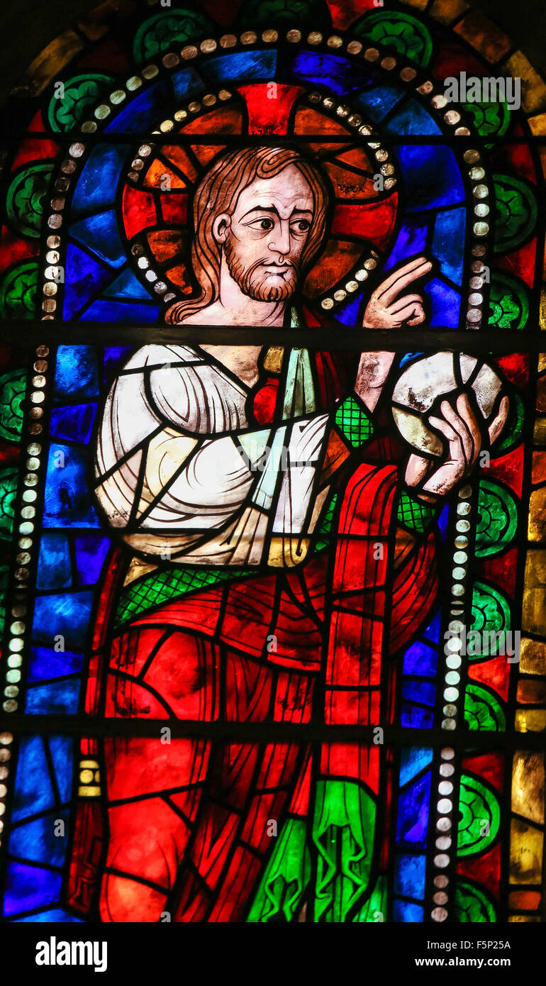 Stained glass window depicting Jesus Christ blessing the Bread in the ...