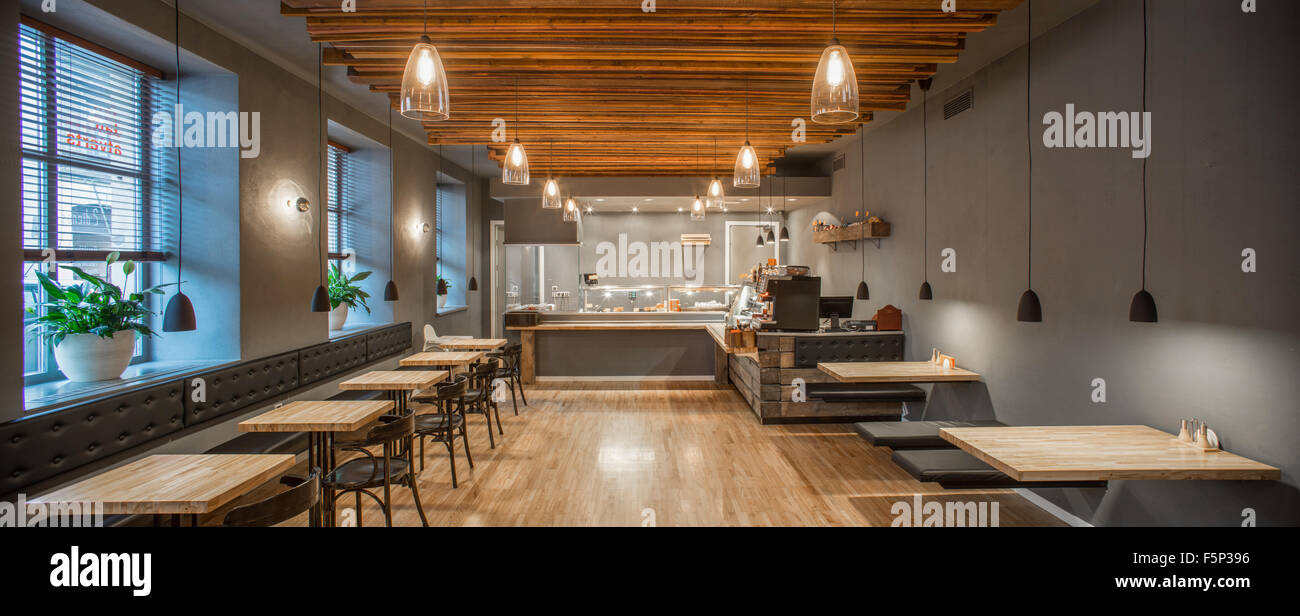 Interior of restaurant. Wooden design. Beautiful architecture building ...