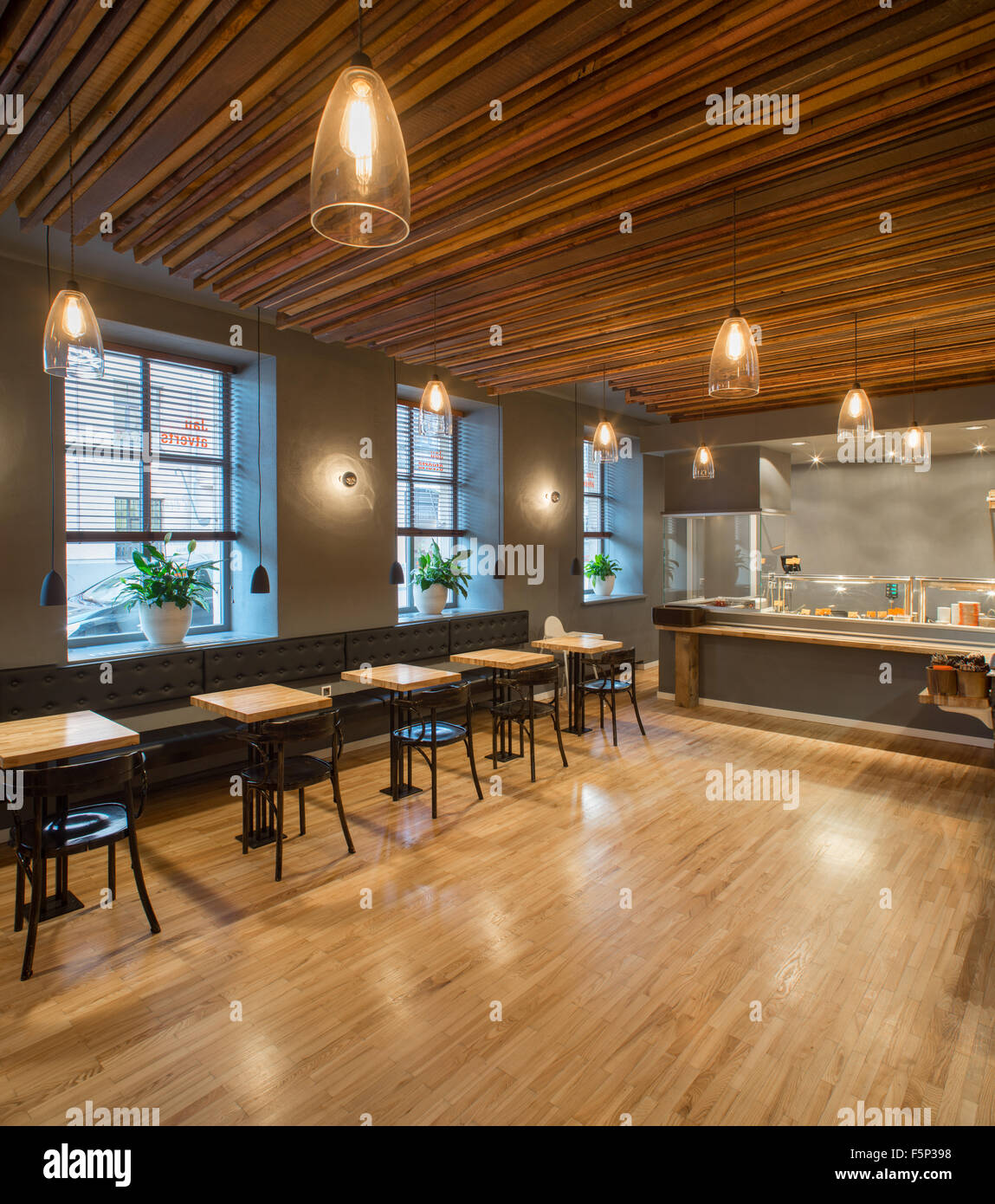 Interior of restaurant. Wooden design. Beautiful architecture building ...
