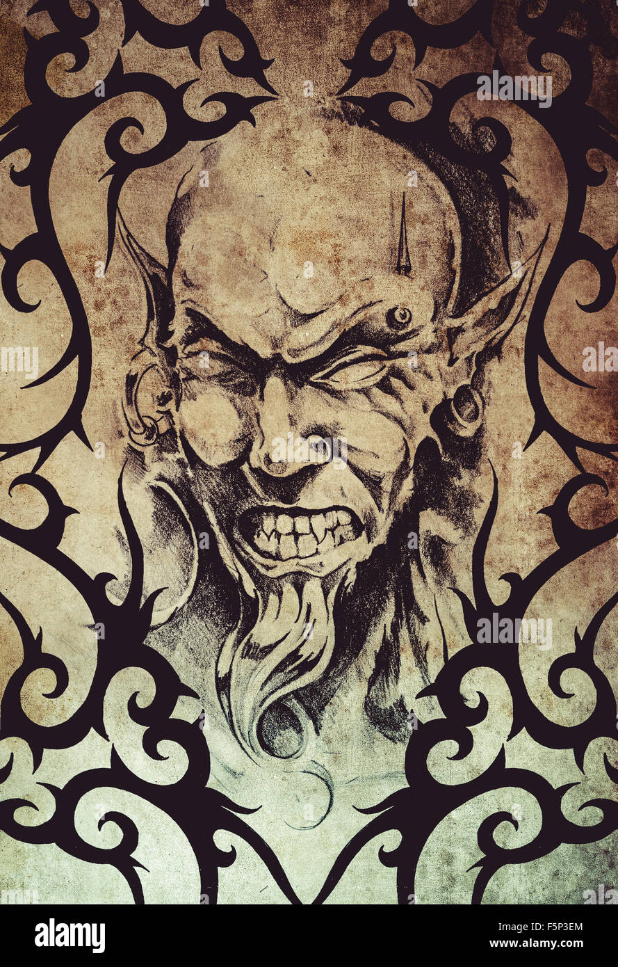 Tattoo devil with piercing over vintage paper Stock Photo - Alamy