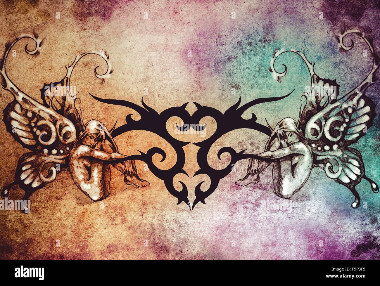 Tattoo art design, tribal with two nymphs over colorful paper Stock ...