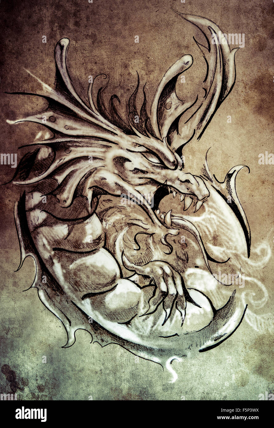 Sketch of tattoo art, medieval dragon, vintage style Stock Photo - Alamy