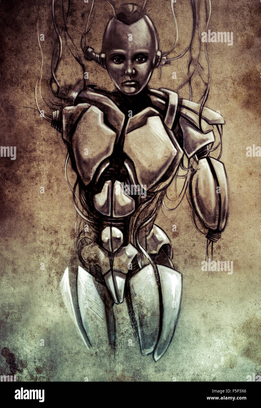 Sketch of tattoo art, android, robot, fantasy illustration Stock Photo ...