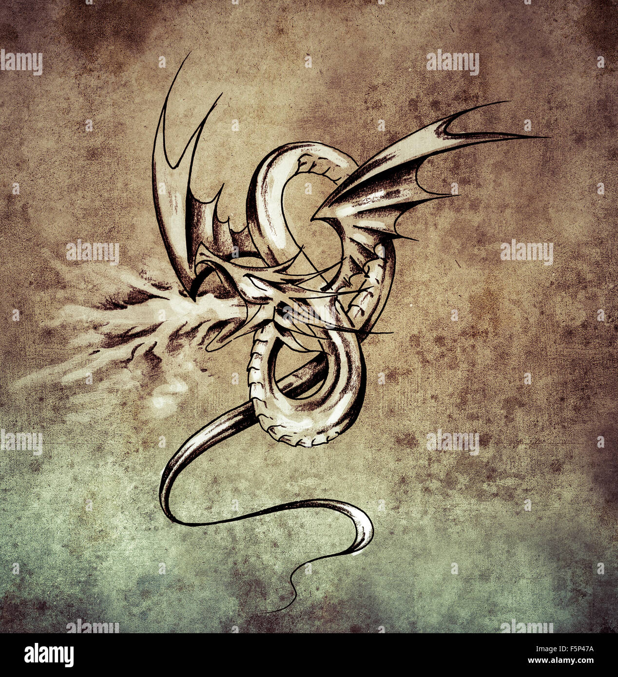 Medieval dragon figure. Sketch of tattoo art on vintage paper, handmade ...