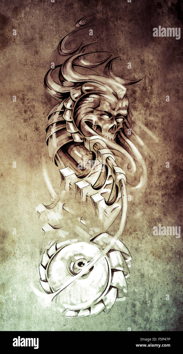Tattoo art, animal monster and machine gears Stock Photo - Alamy