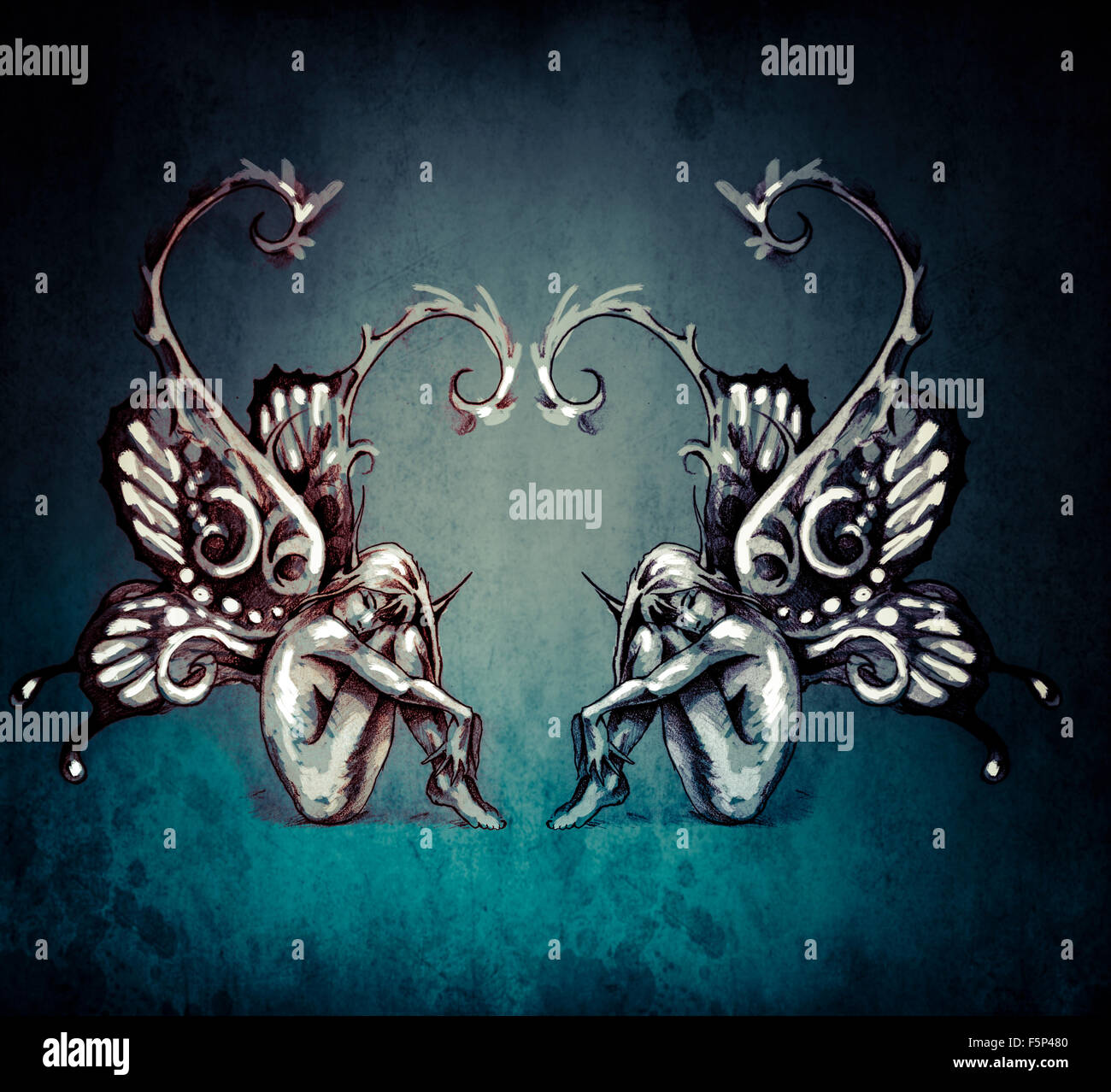 Duality concept tattoo, two fairy on blue vintage background Stock ...