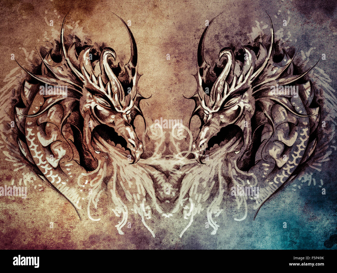 Tattoo art, fantasy medieval dragons heart Stock Photo - Alamy