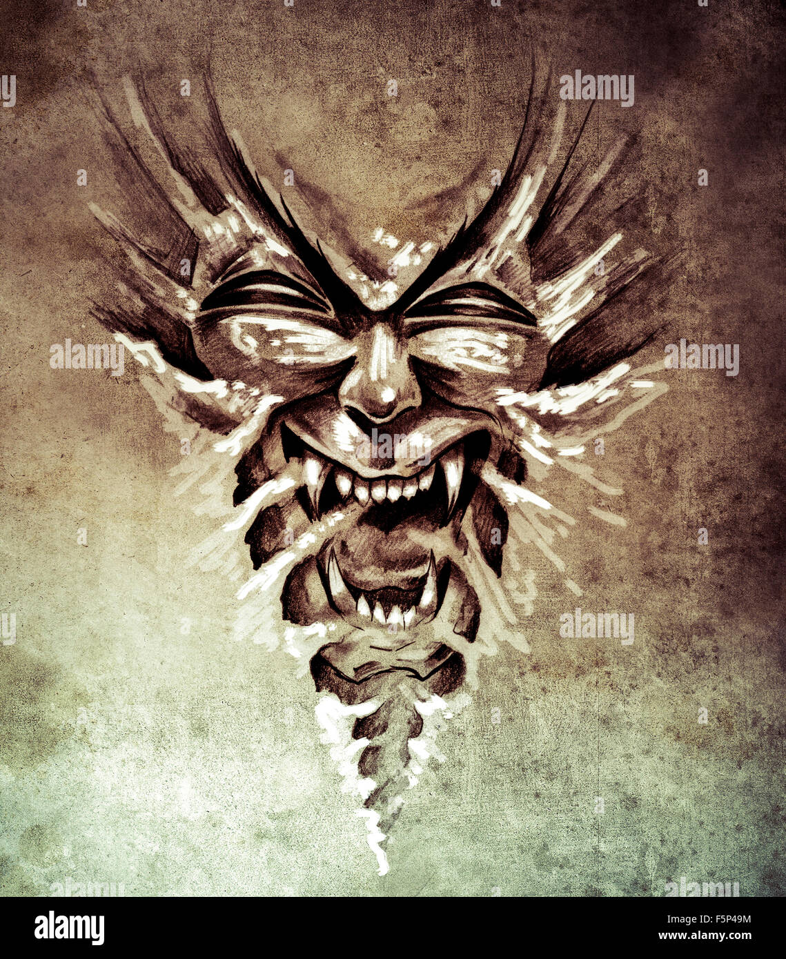 Sketch of tattoo art, monster agressive mask on vintage paper, handmade ...