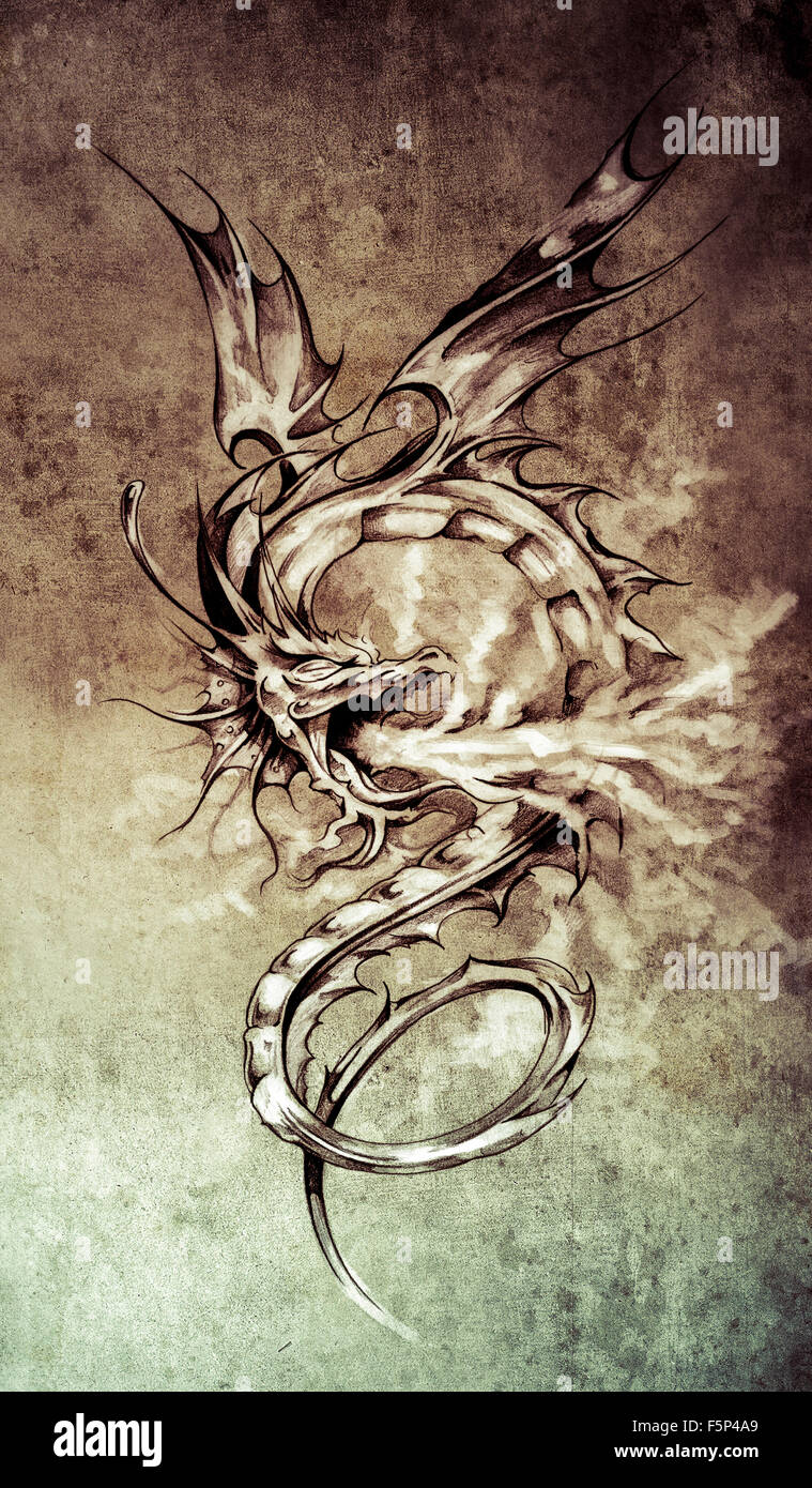 Sketch of tattoo art, stylish dragon illustration on vintage paper ...