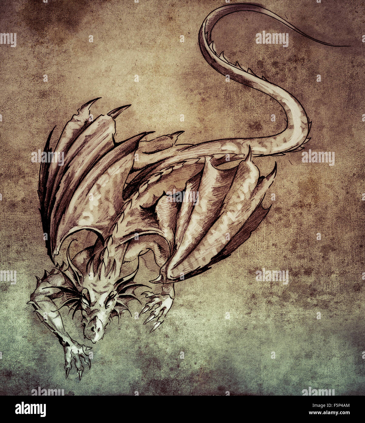 Sketch of tattoo art, modern dragon on vintage paper, handmade ...