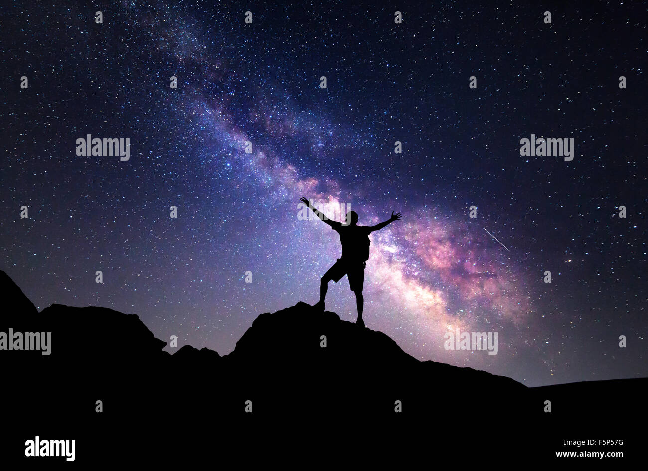 Milky Way. Night sky with stars and silhouette of a man with raised-up ...
