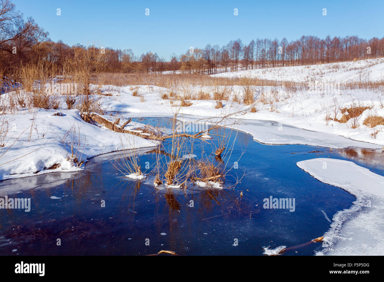 Winter Landscape with Forest and Ice River Stock Photo - Alamy