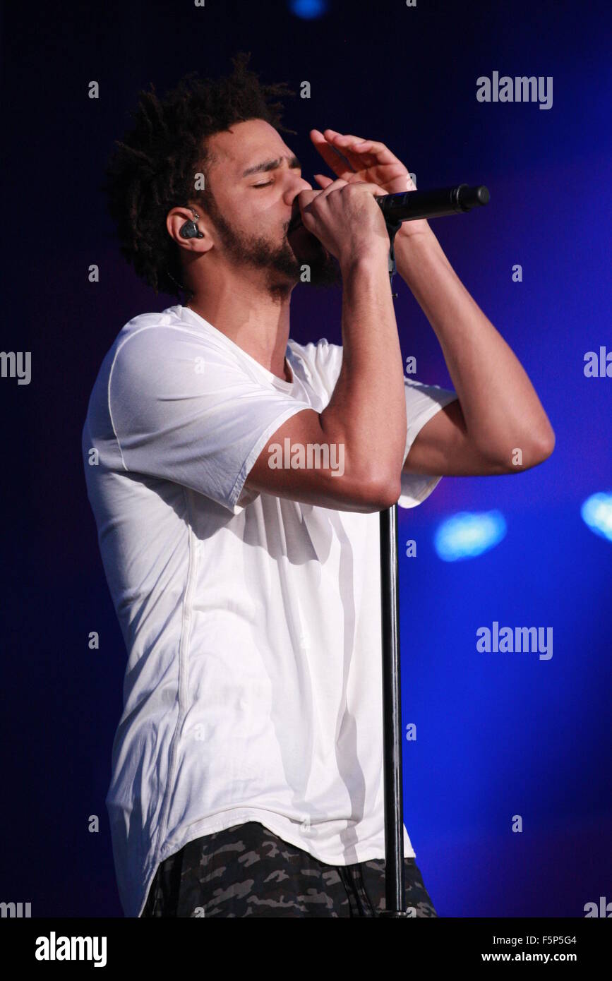 Rapper J. Cole performing live on stage at the Made In America Concert ...