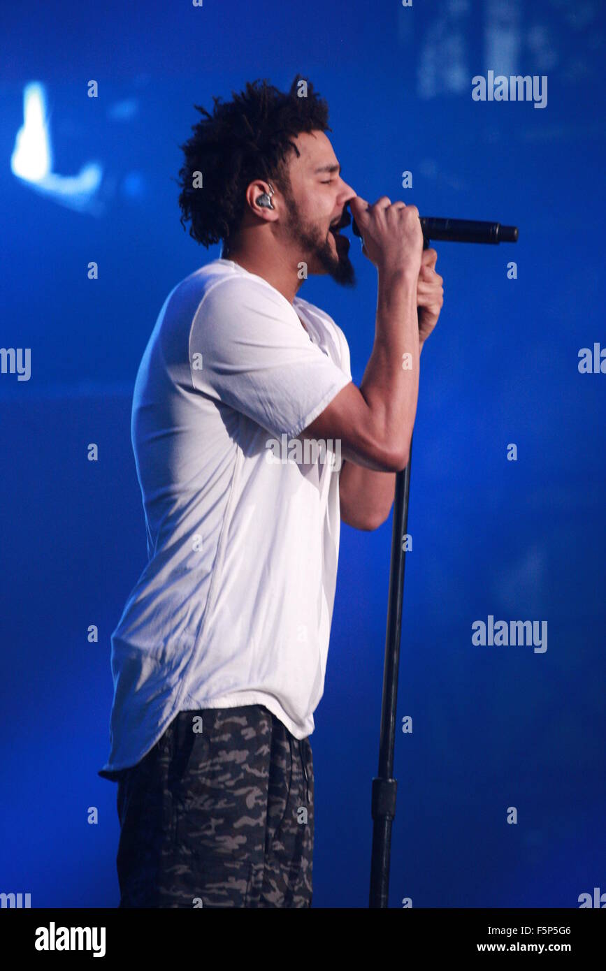 Rapper J. Cole performing live on stage at the Made In America Concert ...