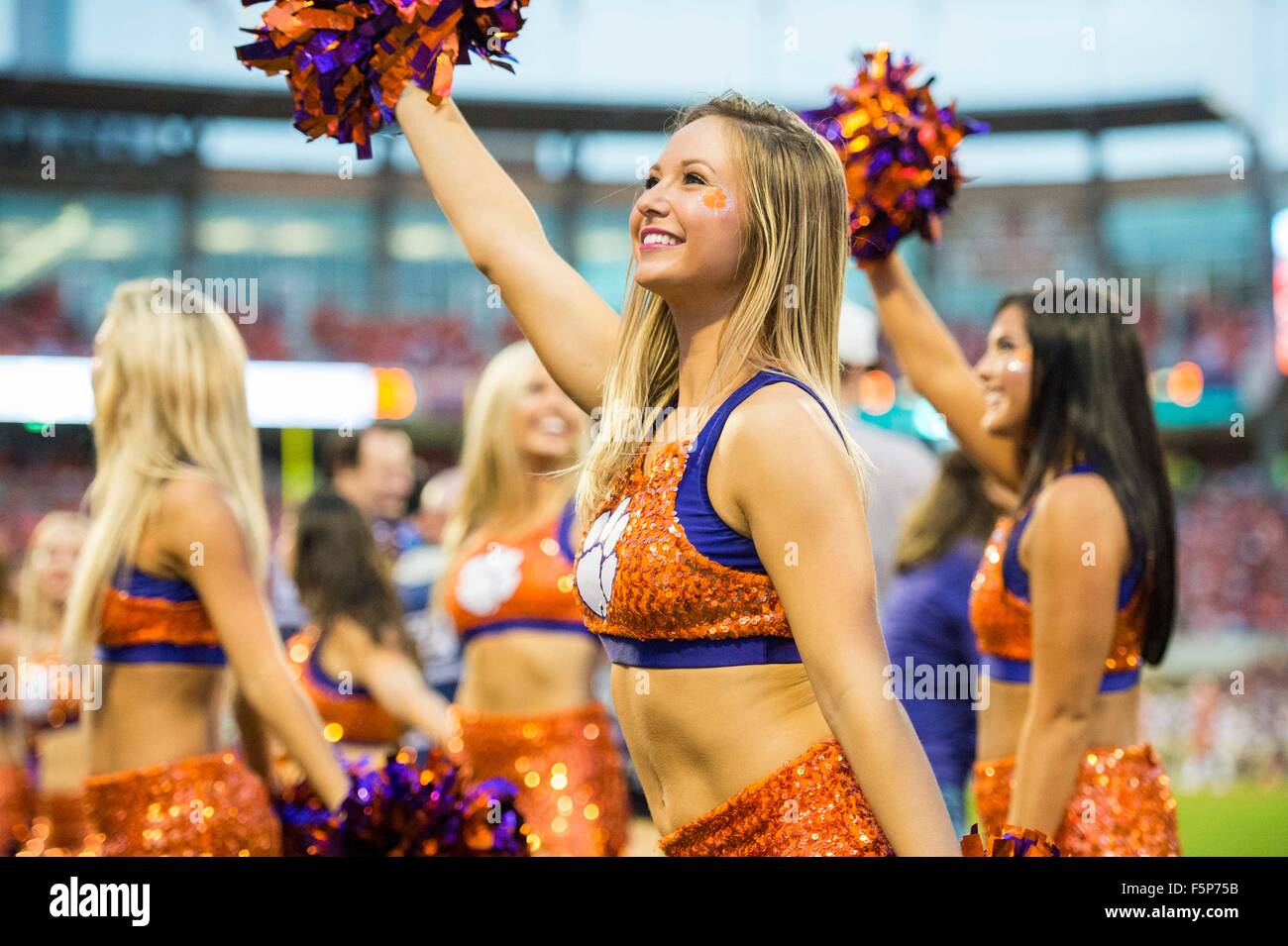 A Clemson Rally Cat cheerleader during the NCAA college football game between Florida State and ...