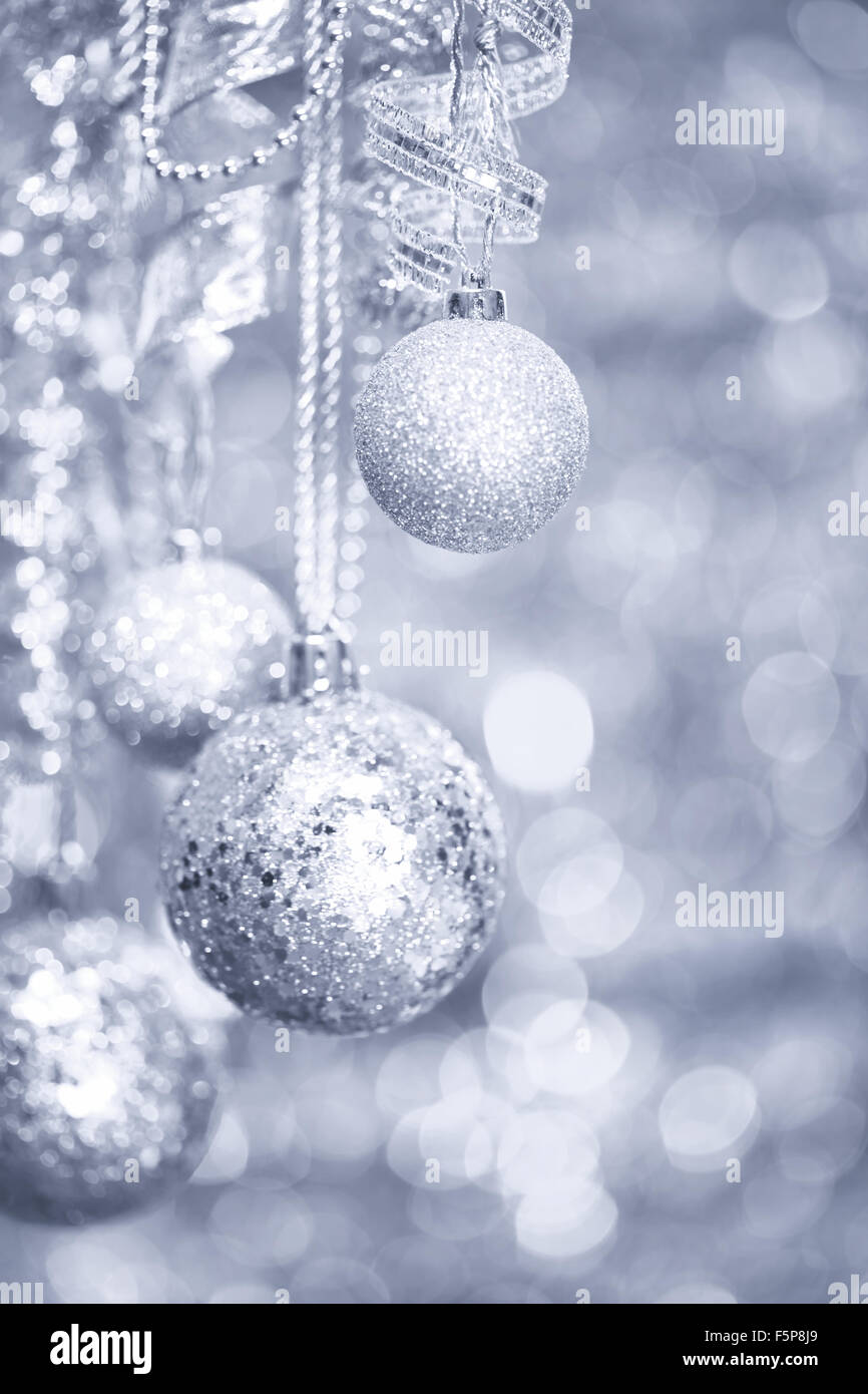 Silver Christmas decorations background Stock Photo - Alamy