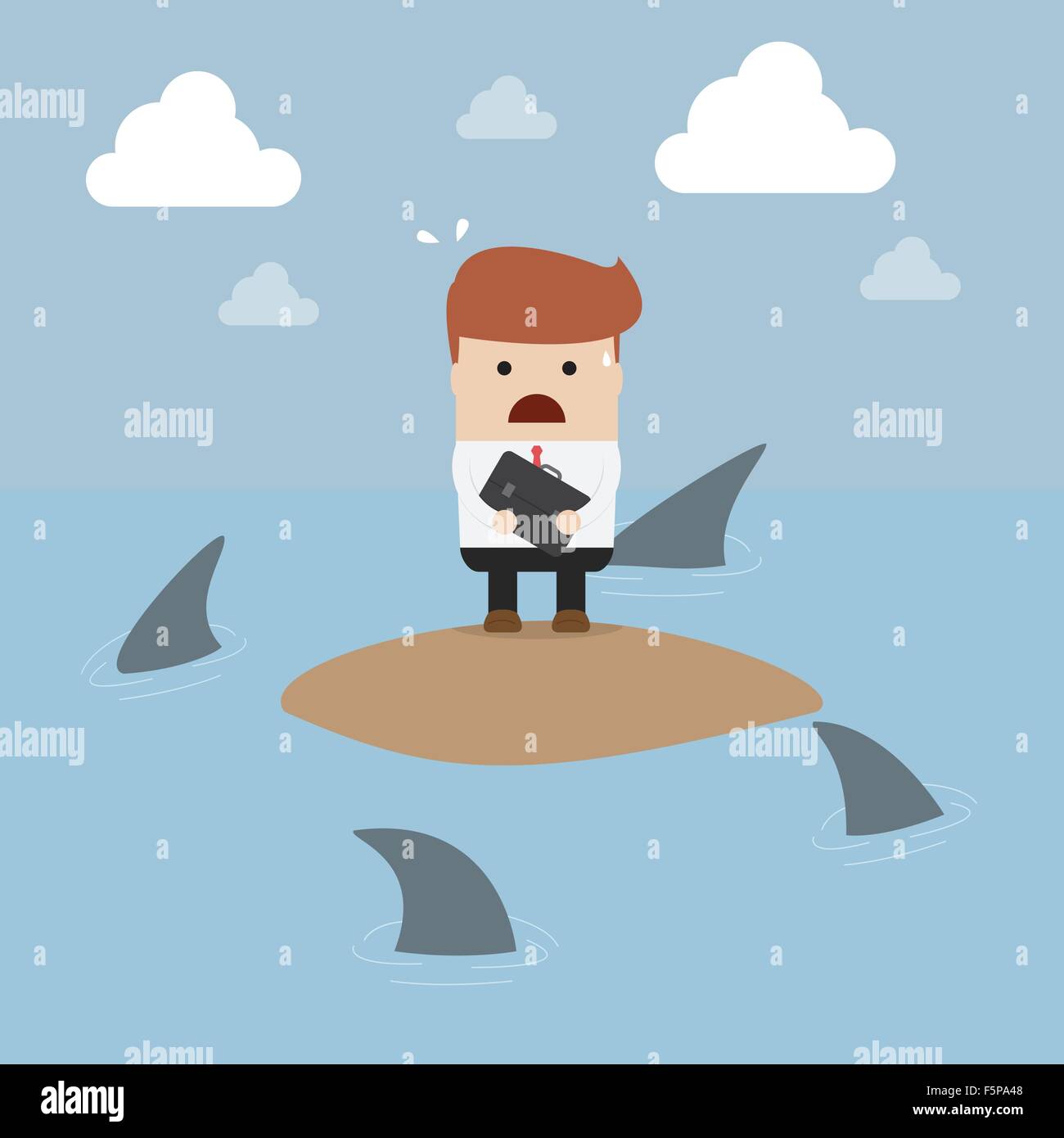 Businessman stranded in an island surrounded by sharks, VECTOR, EPS10 ...