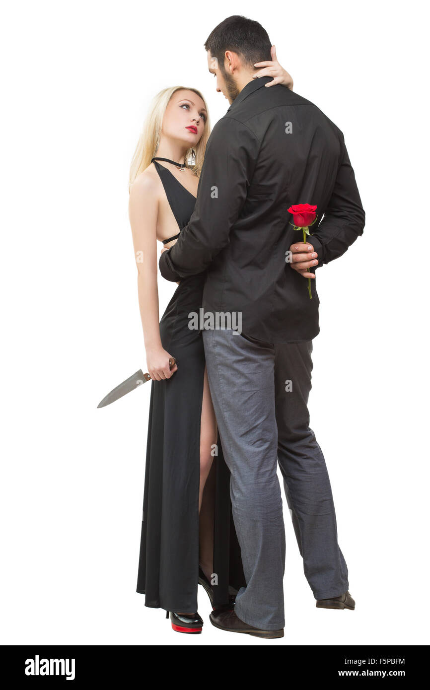 girl holding knife traitor. man with rose in his hand. white background ...