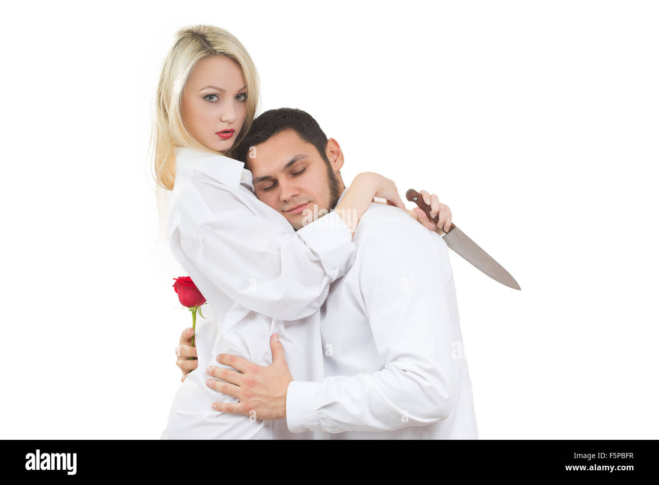 girl holding knife traitor. man with rose in his hand. white background ...