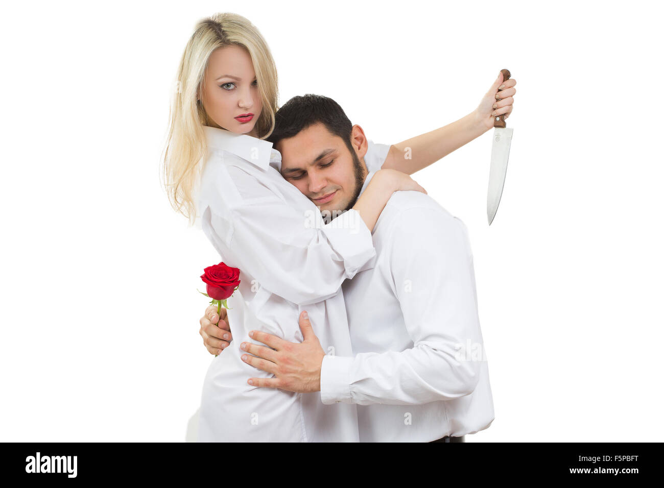 girl holding knife traitor. man with rose in his hand. white background ...