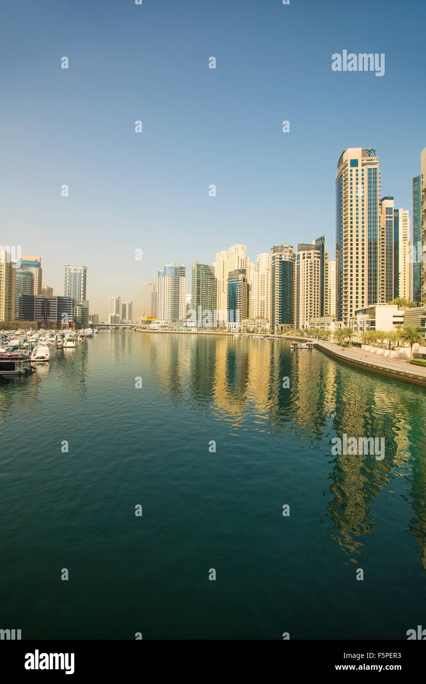 DUBAI, UAE - MAY 6, 2015: View at modern skyscrapers in Dubai Marina in ...