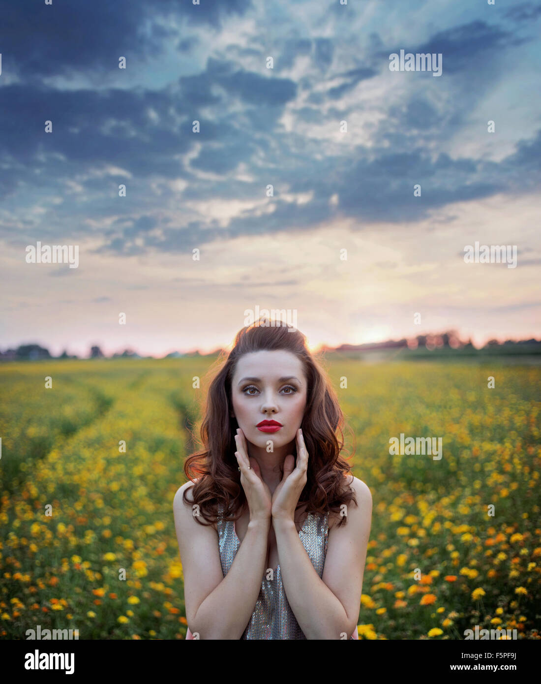 Charming lady among wild-flowers fields Stock Photo - Alamy
