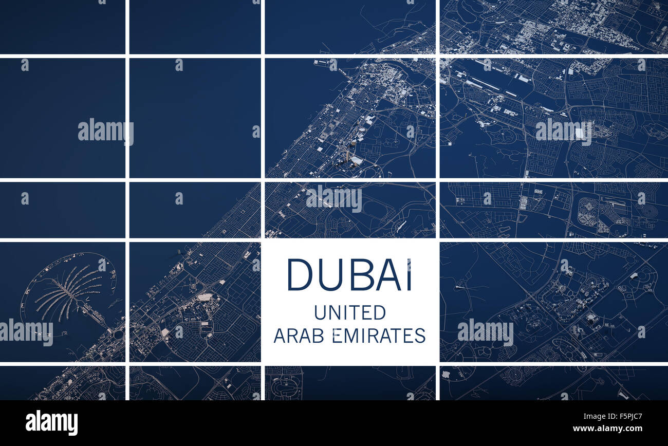 Dubai map, satellite view, section 3d, United Arab Emirates Stock Photo ...