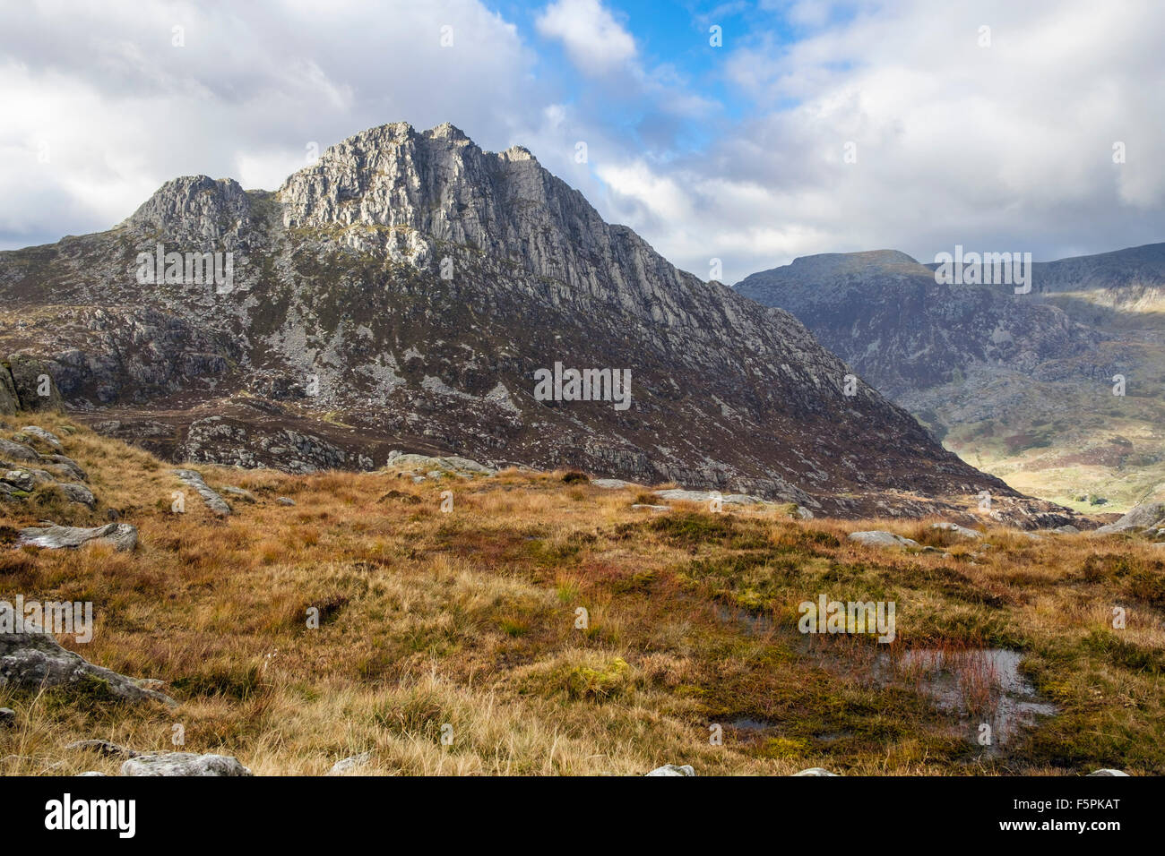 View to Mount Tryfan mountain east face and heather terrace in ...