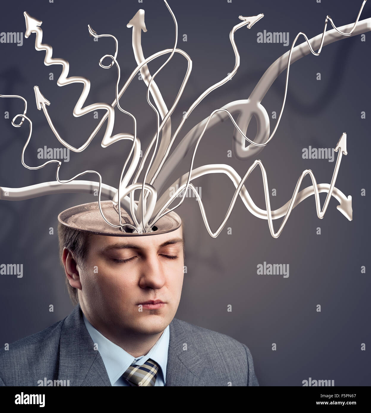 Thoughtful businessman with arrows in his brain Stock Photo - Alamy