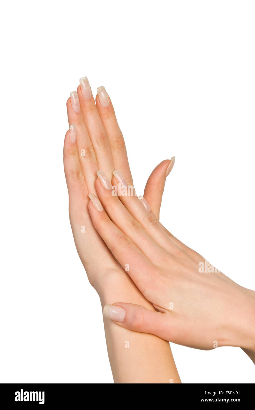 Two woman hands isolated on white Stock Photo - Alamy