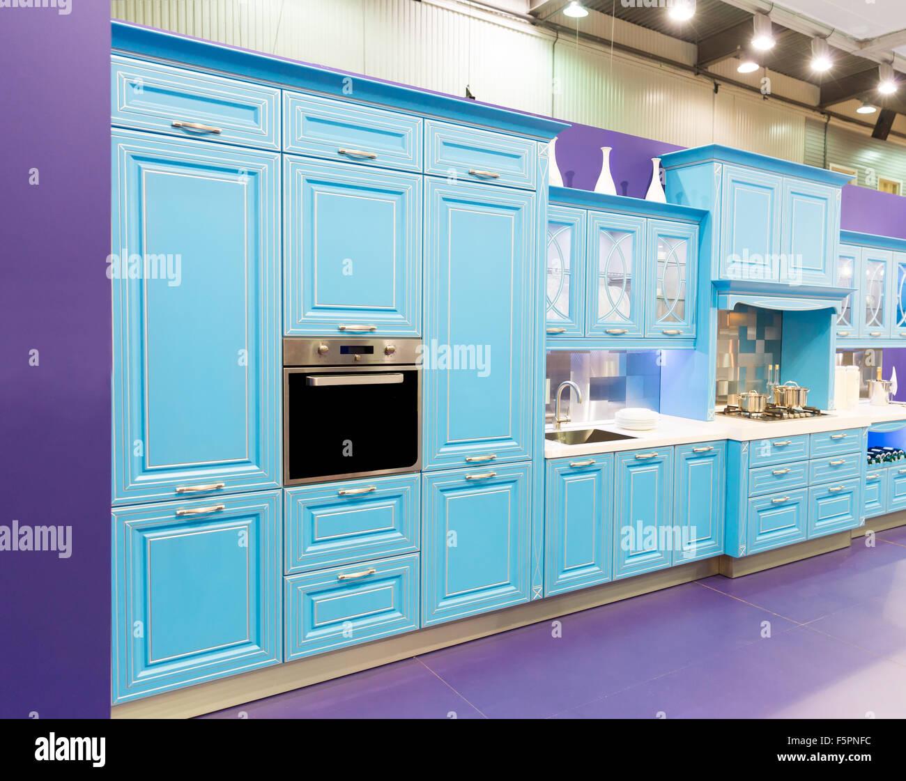 Wood blue kitchen interior design Stock Photo - Alamy