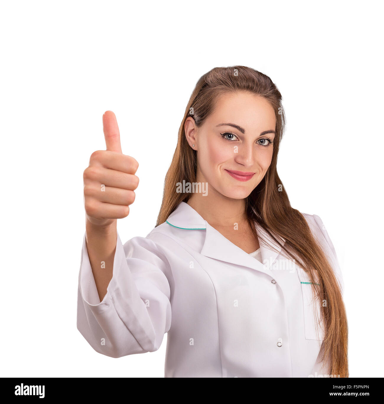 Medical woman worker shows thumb sign isolated on white Stock Photo - Alamy