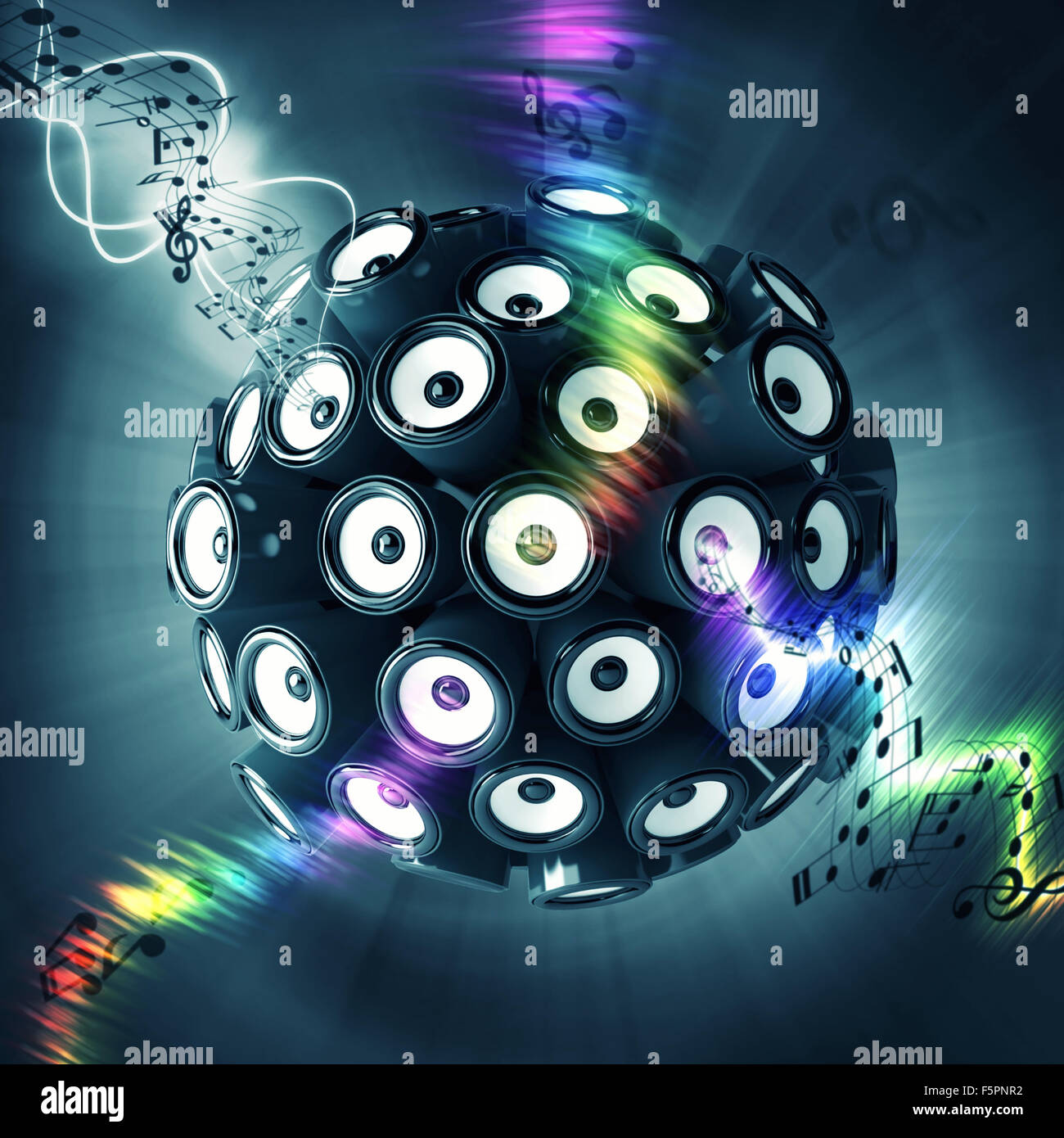 Elegant white and black sound boxes forming a sphere on dark background ...