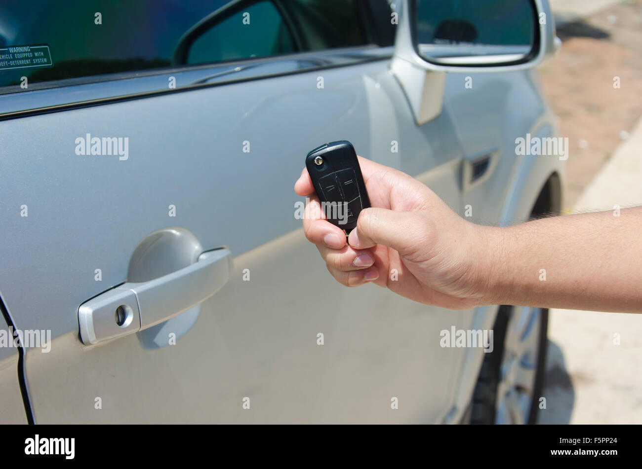 hand presses on the remote control car alarm systems Stock Photo - Alamy