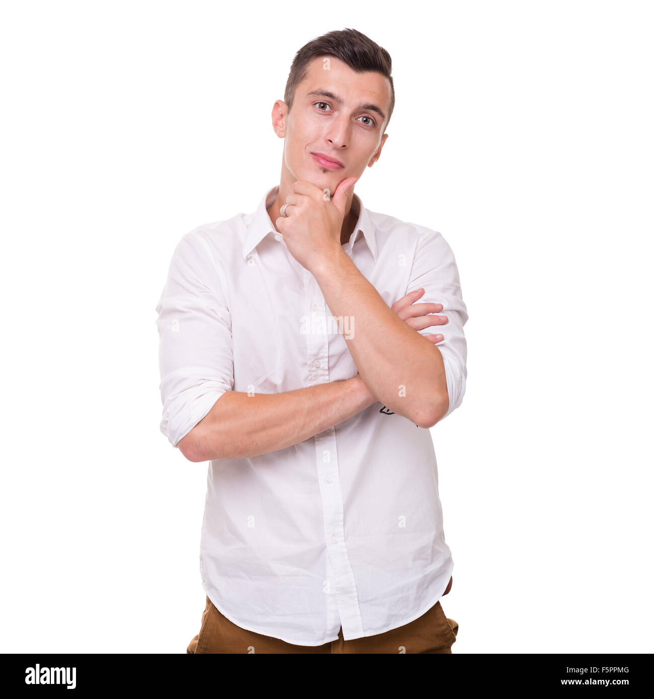Thinking man isolated on white background. Closeup portrait of a casual ...