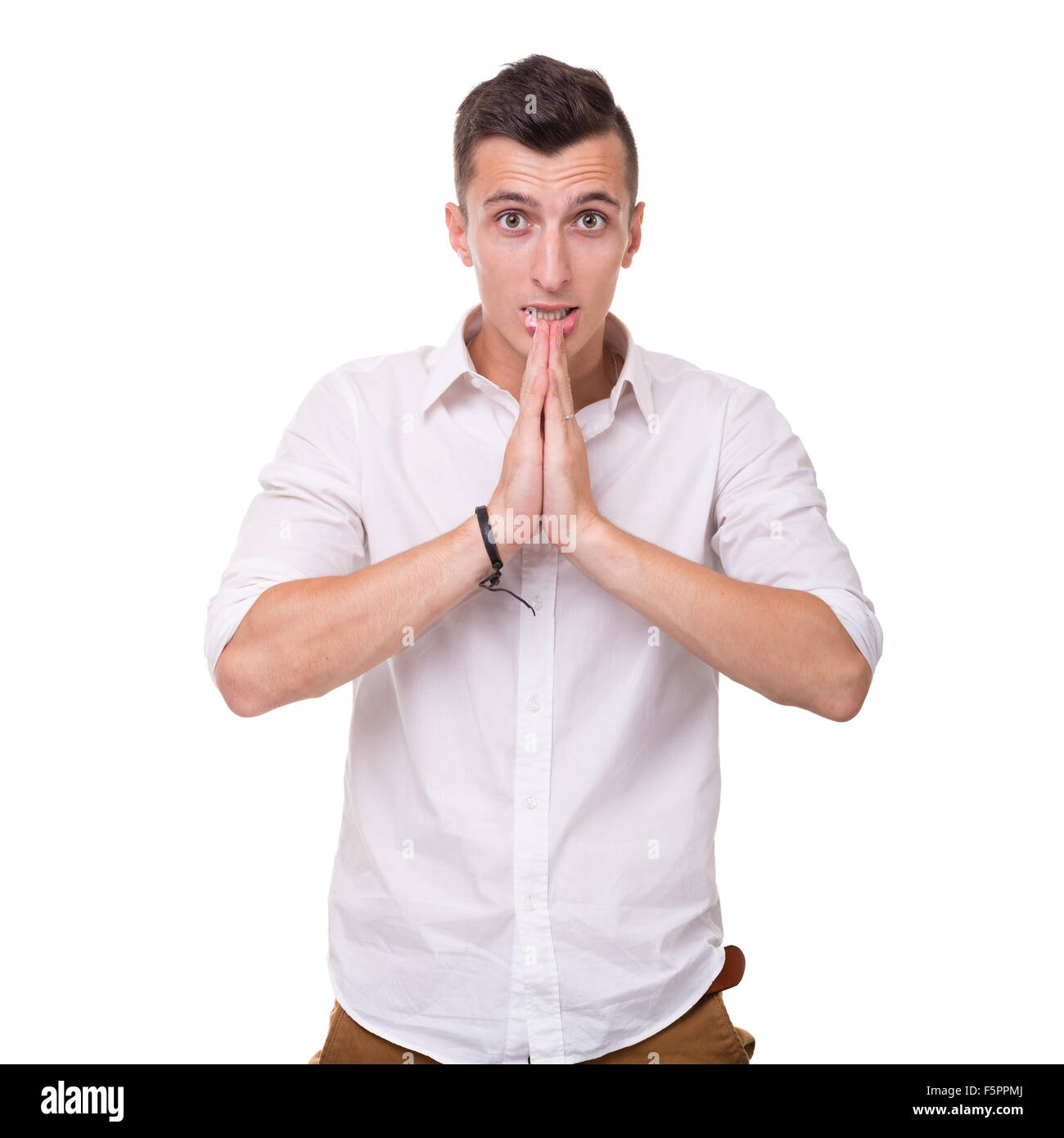Thinking man isolated on white background. Closeup portrait of a casual ...
