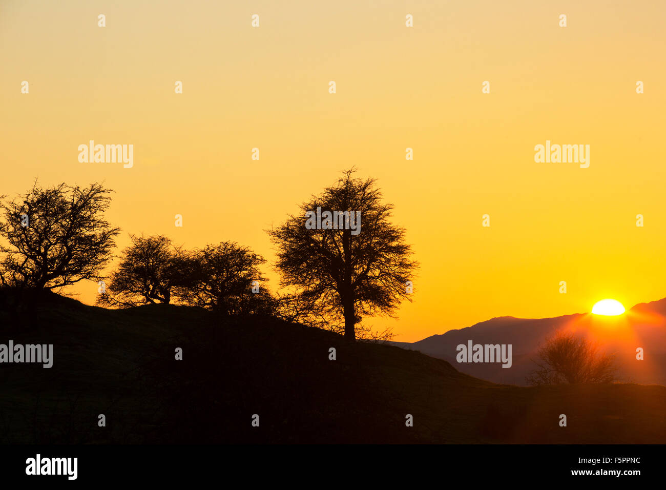 The sun setting over Coniston Old Man in the Lake District, UK, with ...